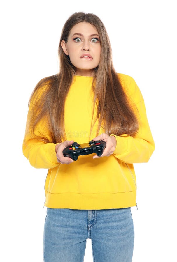 Emotional Young Woman Playing Video Games with Controller Isolated ...