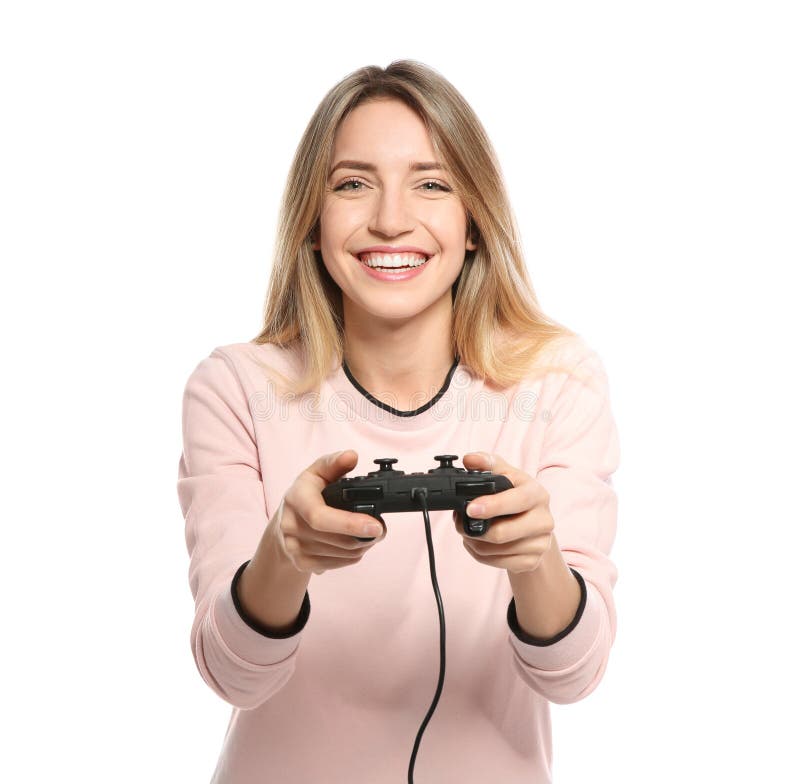 Emotional Young Woman Playing Video Games with Controller on White ...