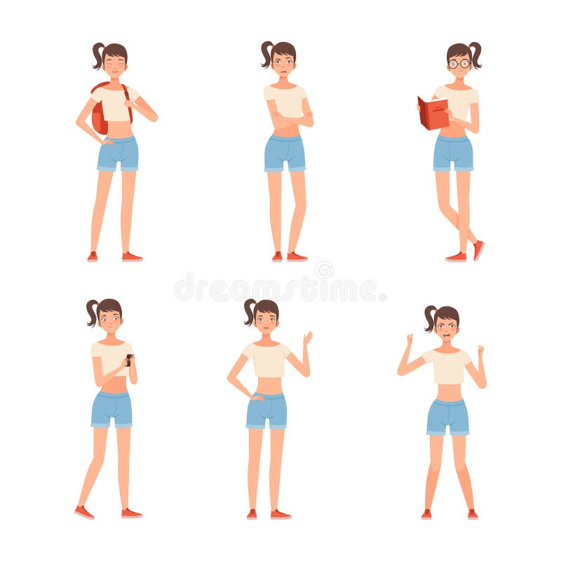 Emotional Young Woman Showing Different Emotions And Gesturing Set
