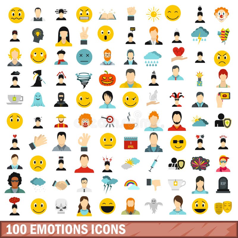 100 Emotions Icons Set, Flat Style Stock Vector - Illustration of brain ...