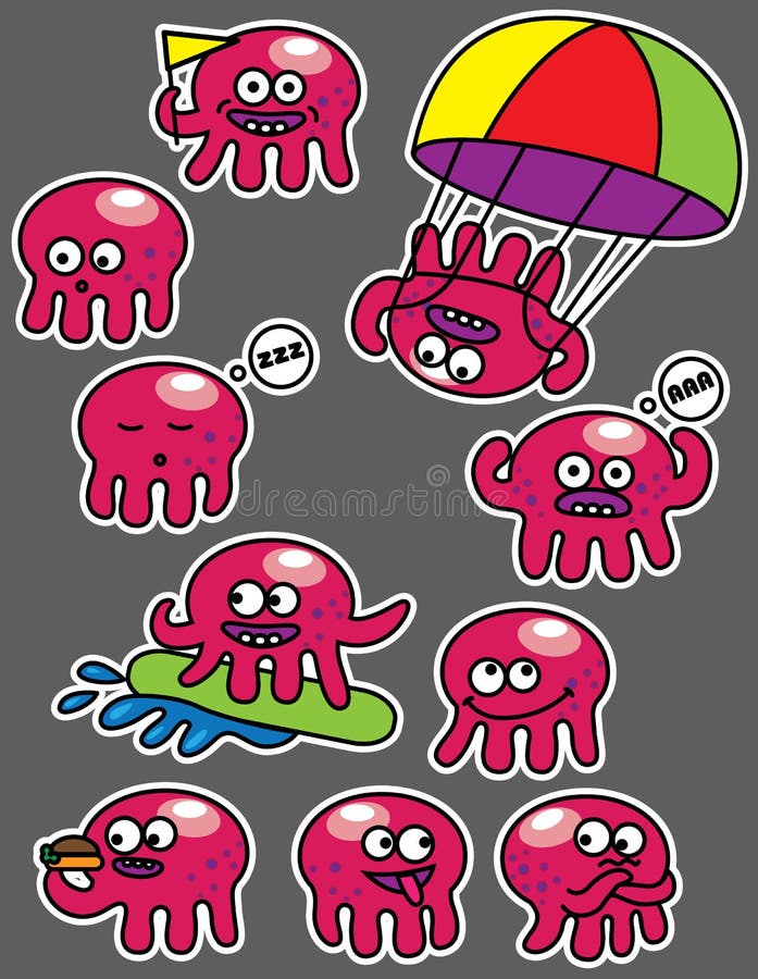 Emotions Octopus Set of Stickers Stock Vector - Illustration of summer ...
