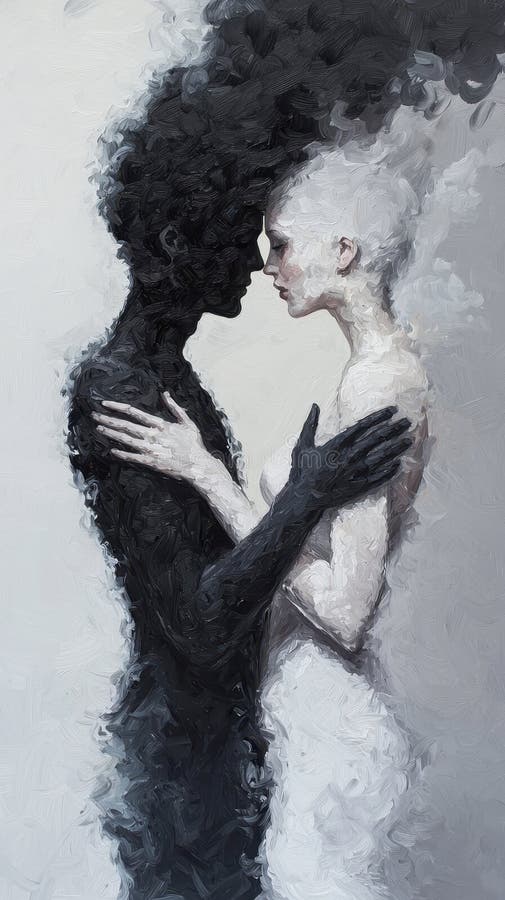 Emotive Contrast of Light and Shadow in Abstract Embrace, Representing Unity and Duality through ...