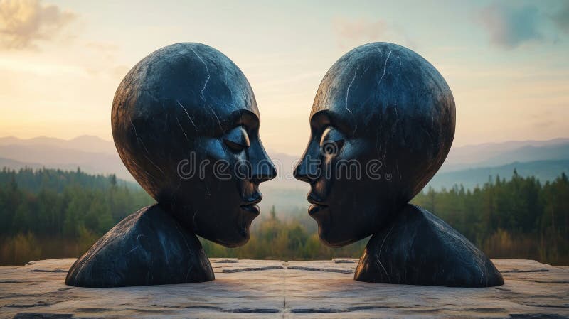 Empathy, Support, and Connection Two Stone Heads Touching in a Symbol ...