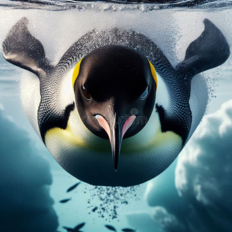 An Emperor Penguin Diving into the Icy Water, with a Fierce Look of ...