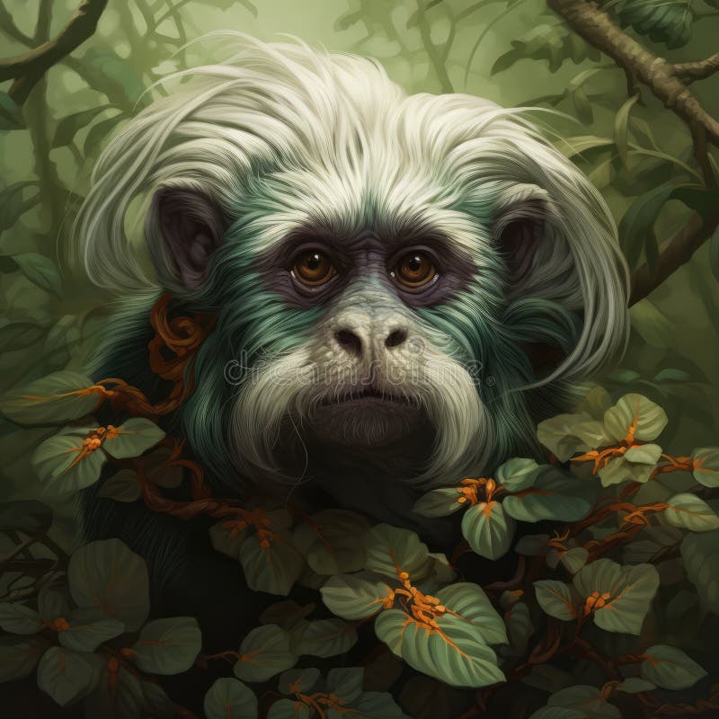A Emperor Tamarin Head Wrapped in Green Leaves on a Background of ...