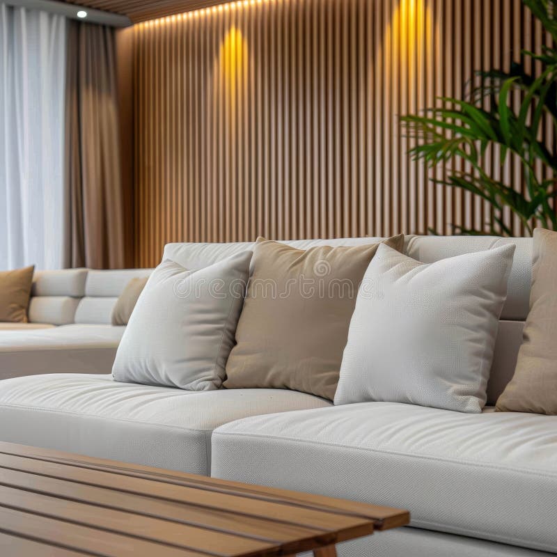 Emphasizing the Contrast White Sofa Upholstery Against Textured Wooden ...