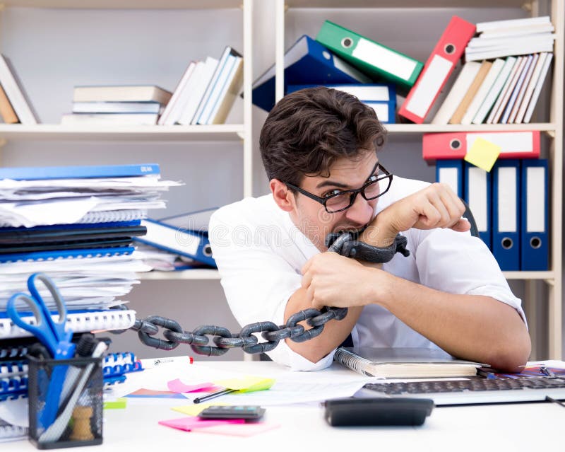 Employee Attached and Chained To His Desk with Chain Stock Photo ...
