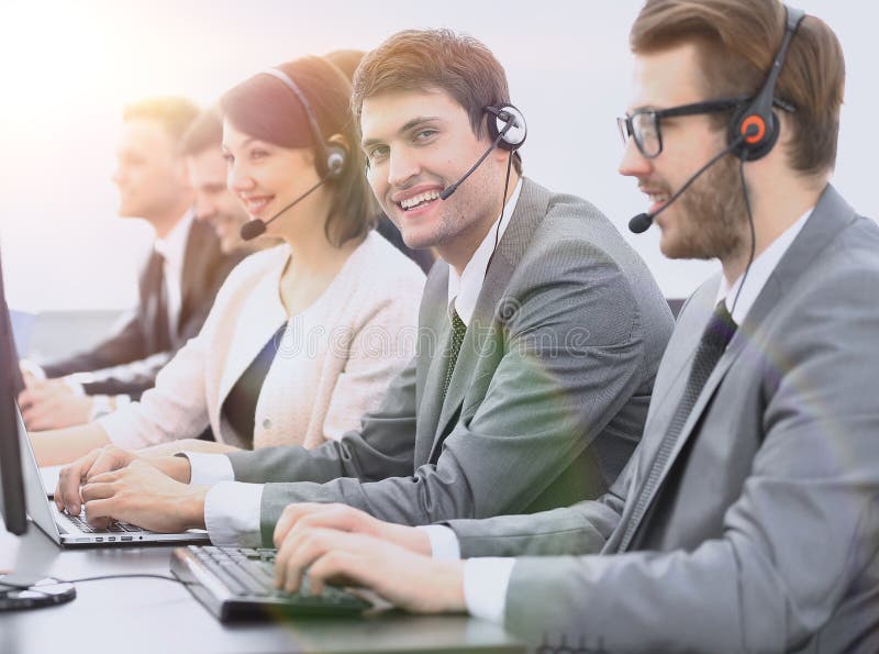 Employee Call Center with Headset at Workplace Stock Image - Image of ...