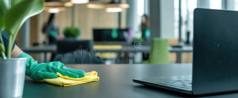 The Employee Cleaning a Modern Office Desk with a Yellow Cloth..AI ...