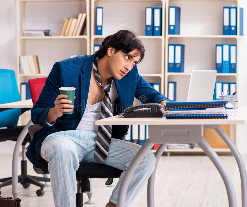 Employee Coming To Work Straight from Bed Stock Photo - Image of ...