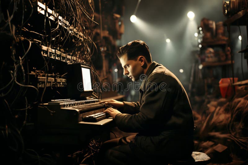 An Employee Controls Industrial Devices in a Workshop or Laboratory, a ...