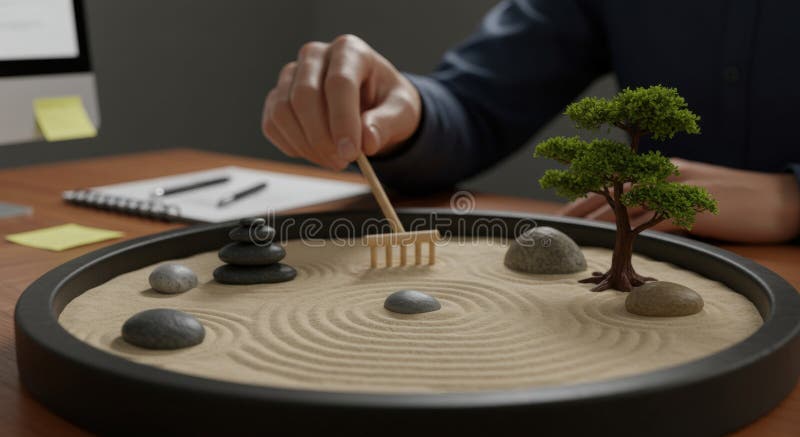 Employee Using Desktop Zen Garden with Rake for Mindfulness and Stress ...