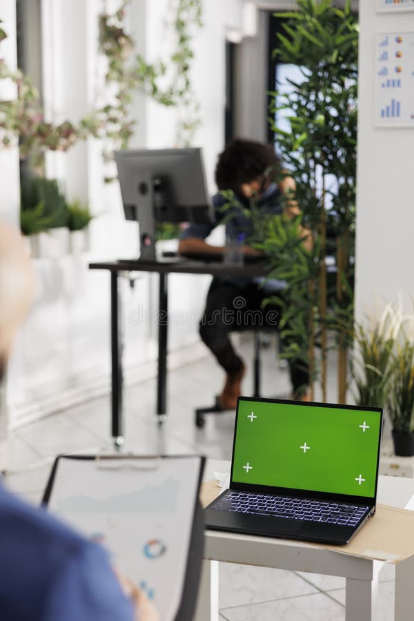 Employee Developing Revenue Plan, Using Laptop with Green Screen Stock ...