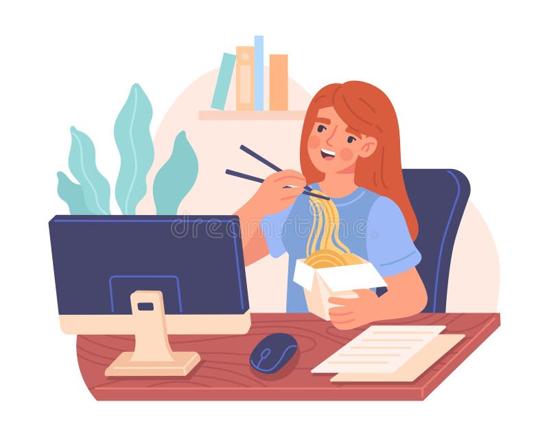 Employee eats at workplace stock illustration. Illustration of business ...