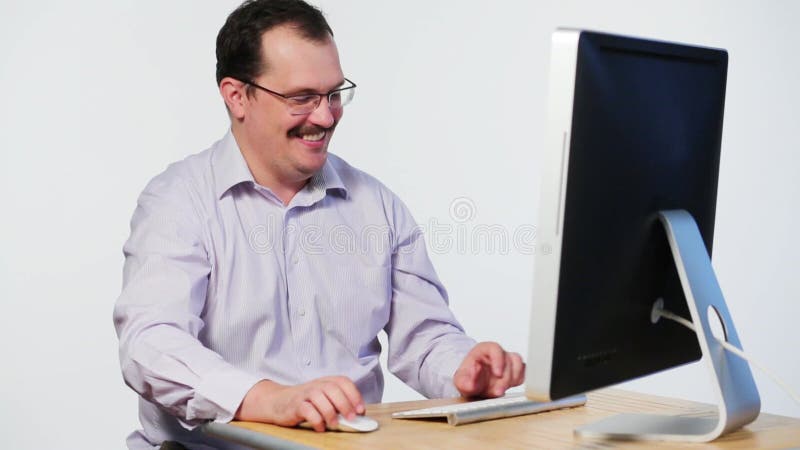 Employee in Glasses Sits Ant Table with Computer Stock Footage - Video ...
