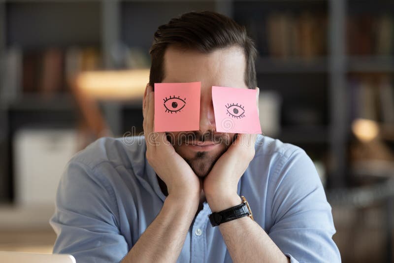 Employee Hides Eyes with Sticky Notes Wants Sleep at Workplace Stock ... Employee Hides Eyes with Sticky Notes Wants Sleep at Workplace Stock ...
