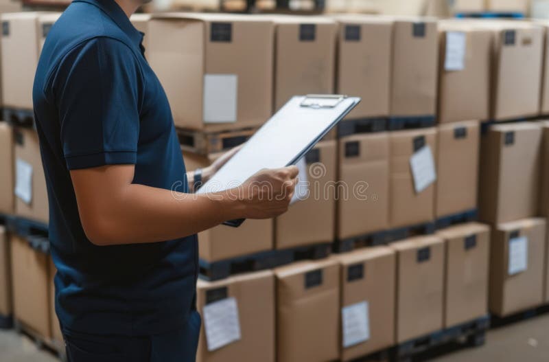 An Employee Holds a Clipboard in Front of a Stack of Boxes Stock Photo ...