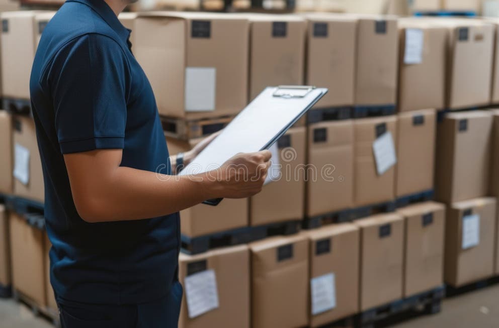 An Employee Holds a Clipboard in Front of a Stack of Boxes Stock Photo ...