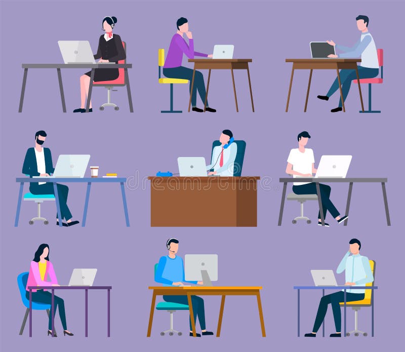 Employee in Office, Work with Laptop, Pc Vector Stock Illustration ...