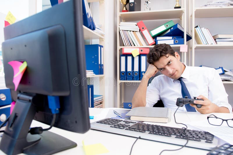 The Employee Playing Computer Games in the Office Stock Image - Image ...