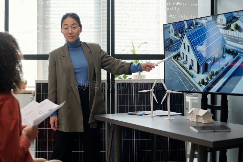 Employee Pointing at Interactive Board Stock Photo - Image of confident ...