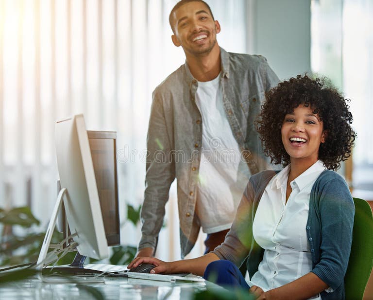 Employee, Portrait and Computer in Happiness with Teamwork and ...