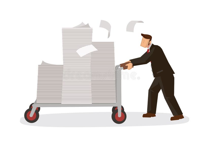 Employee Pushing a Large Stack of Papers and Sheets of Paper Fly Stock ...
