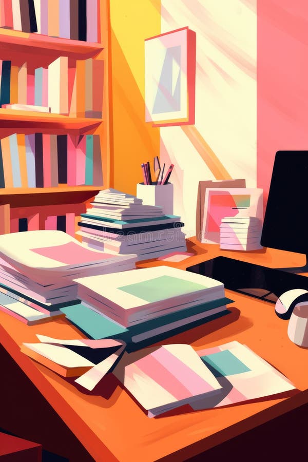 Employee S Desk Littered with Stacks of Documents. Stock Illustration ...