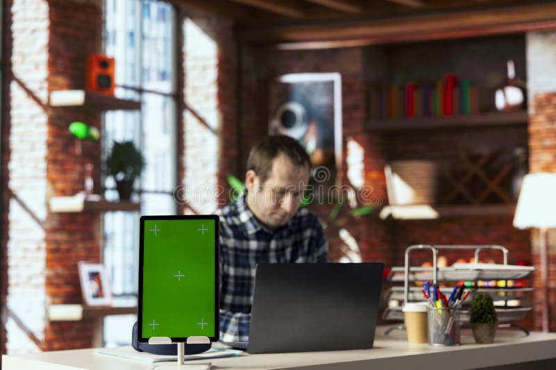 Employee Seated at Home Office Desk Using Chroma Key Device, Checking ...