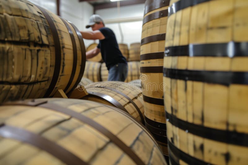 Employee Stacking Oak Barrels in a Whiskey Aging Warehouse Stock Image ...