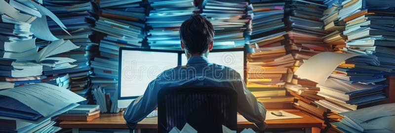 Employee Surrounded by Piles of Paperwork or Staring at a Computer ...
