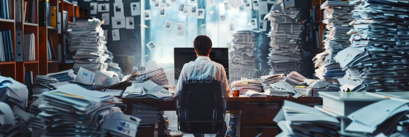 Employee Surrounded by Piles of Paperwork or Staring at a Computer ...