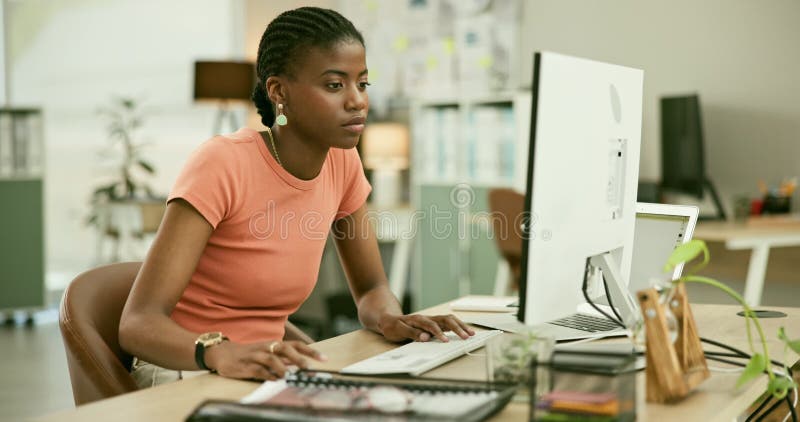 Employee, Thinking and Black Woman with a Computer, Internet and ...