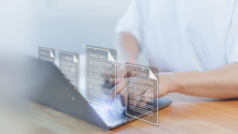 Employee Using a Computer Laptop Making Online Checklist Survey. Stock ...