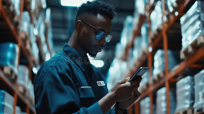 Employee Using Handheld Device for Cargo Management in Warehouse Stock ...