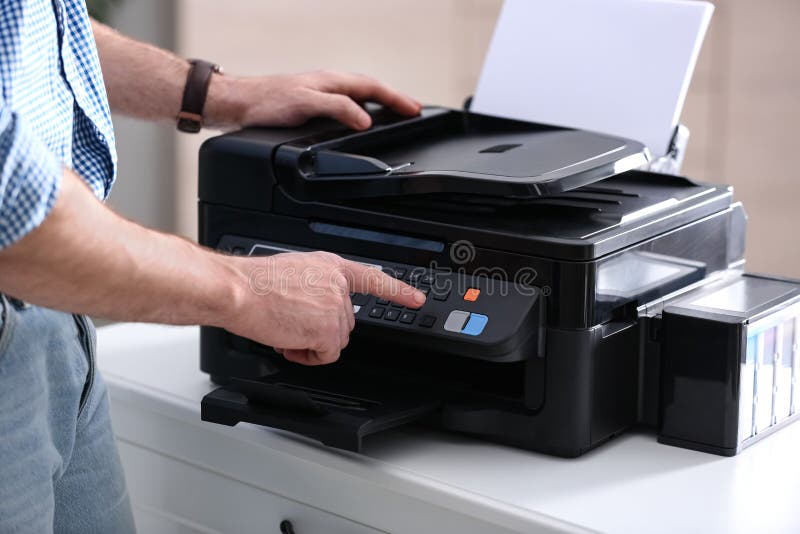 Employee Using Modern Printer in Office, Closeup Stock Photo - Image of ...