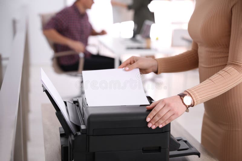 Employee Using Modern Printer in Office, Closeup Stock Image - Image of ...