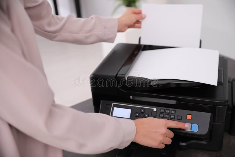 Employee Using Modern Printer in Office, Closeup Stock Photo - Image of ...