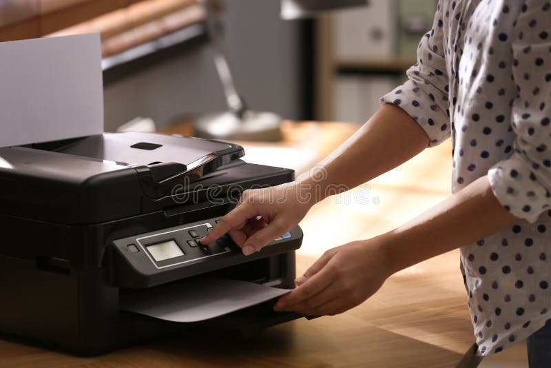 Employee Using Modern Printer in Office, Closeup Stock Photo - Image of ...