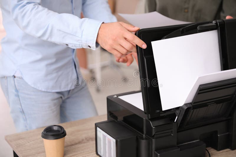 Employee Using Modern Printer in Office, Closeup Stock Image - Image of ...