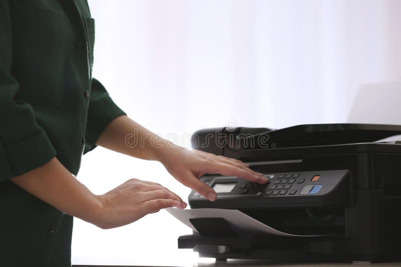 Employee Using Modern Printer in Office, Closeup Stock Photo - Image of ...
