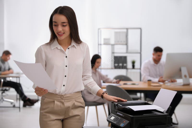 Employee Using New Modern Printer in Office Stock Photo - Image of ...