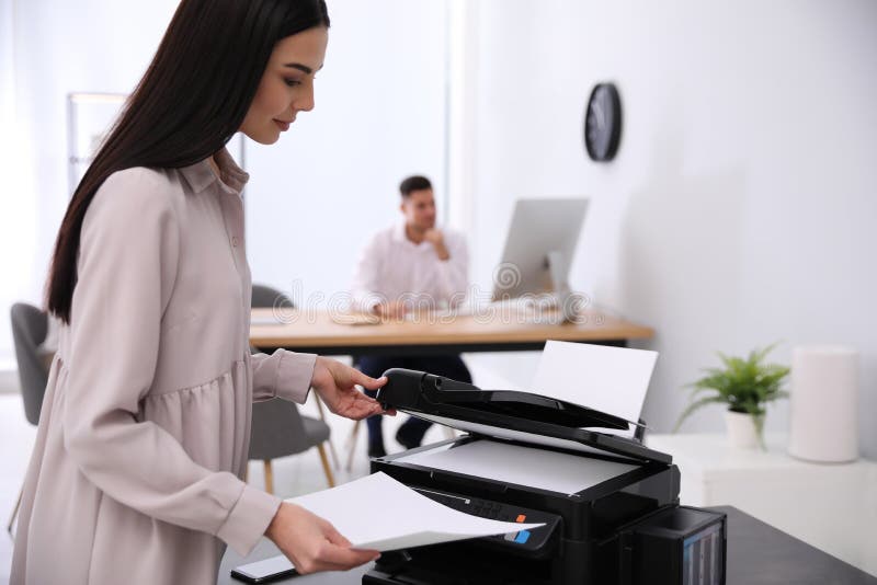 Employee Using New Modern Printer in Office Stock Photo - Image of ...