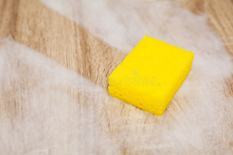 Employee Using Sponge for Cleaning Wood Table Stock Photo - Image of ...