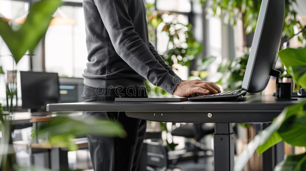 Employee Utilizing Standing Desk, with a Close-up on Their Posture and ...