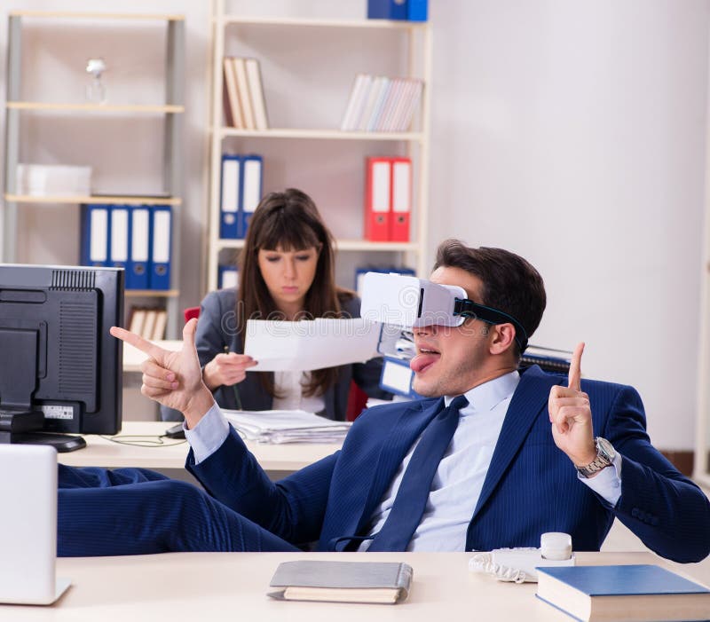 Employee with Virtual Reality Glasses in Office Stock Photo - Image of ...