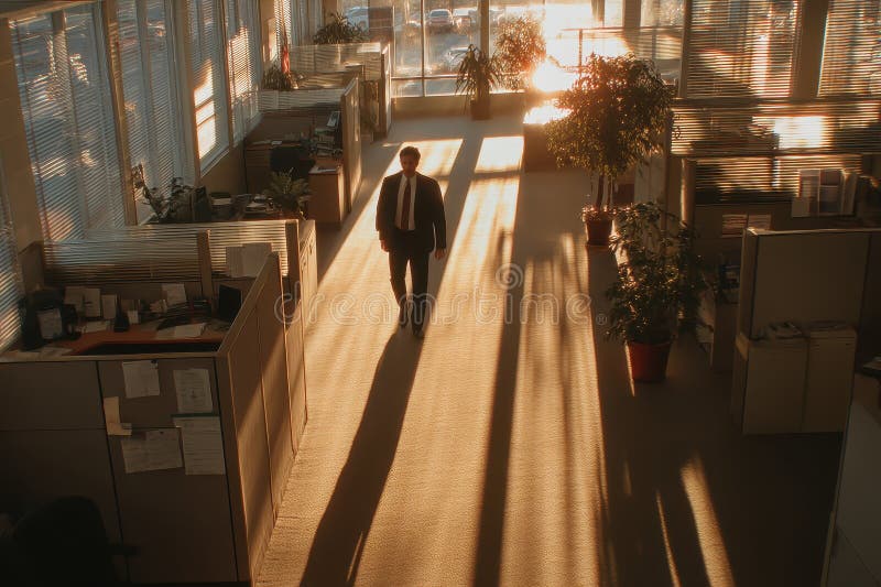 Employee Walking through a Maze of Towering Cubicles in Sunlit Office ...