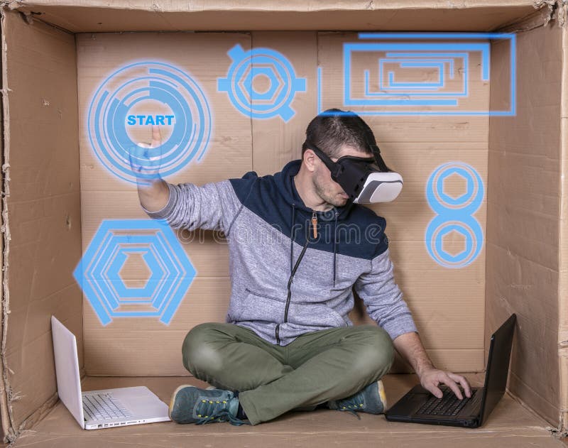 Employee Wearing VR Glasses Starts the System, Virtual Touch Interface ...