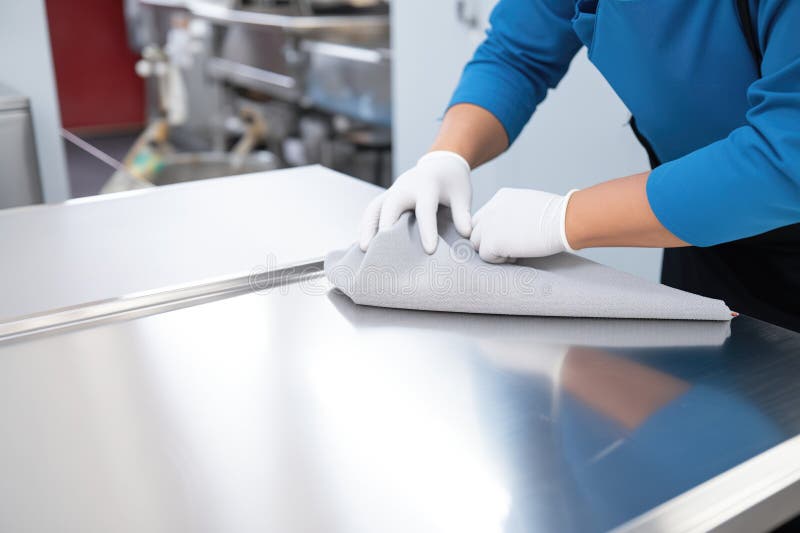Employee Wiping Down Stainless Surfaces with Microfiber Cloth Stock ...