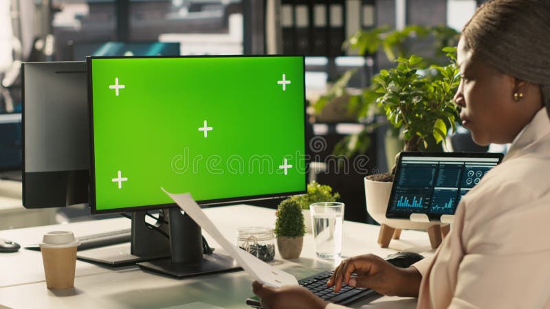 Employee at Work Using Isolated Screen PC Display To Finish Project ...